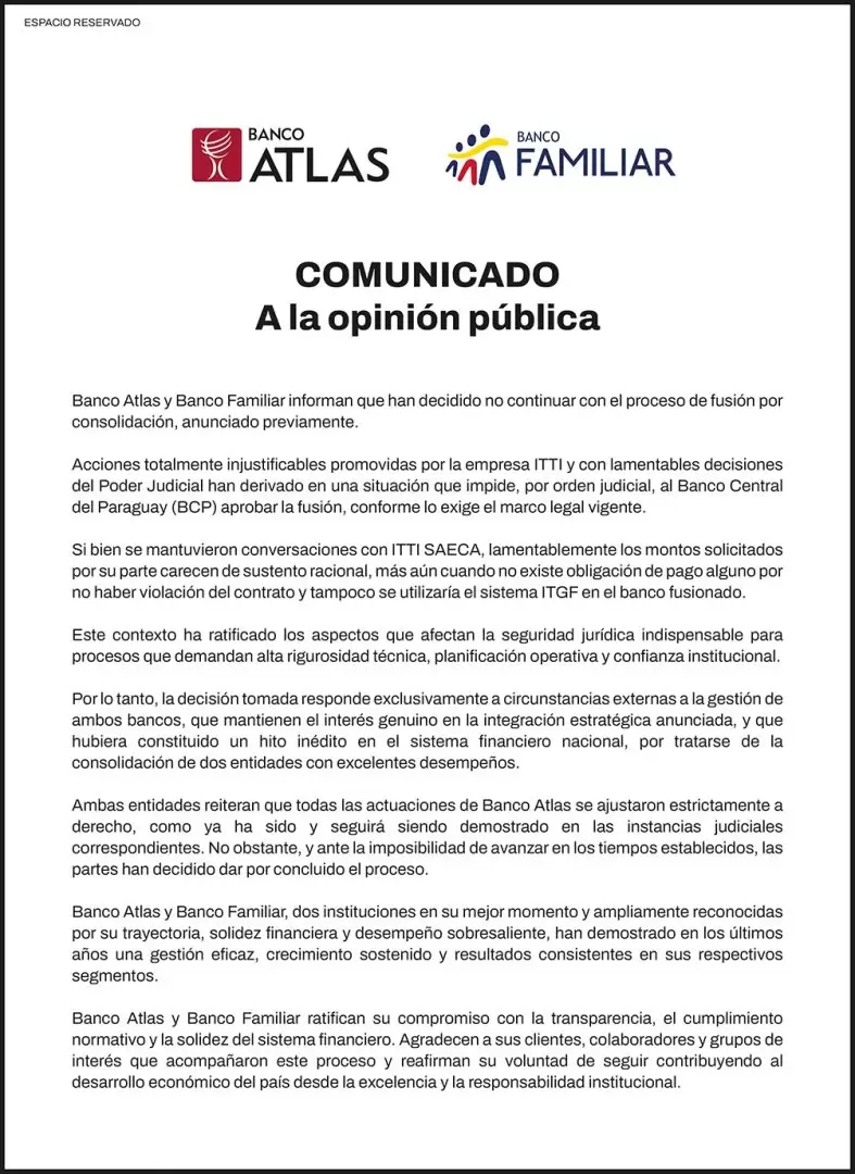 Banco Atlas y Banco Familiar cancelan fusión - Forbes Paraguay